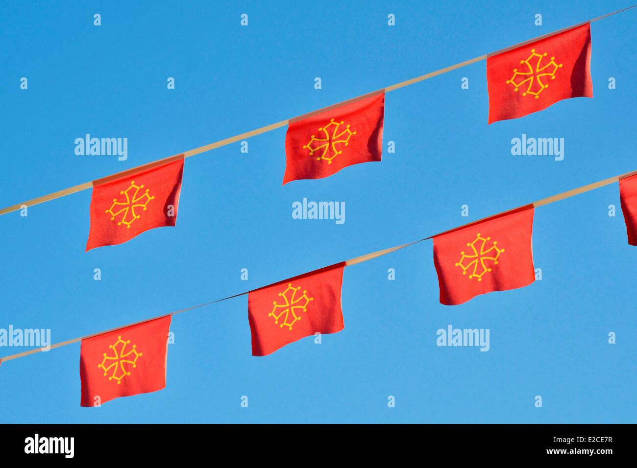 France, Herault, Serignan, Place de la Liberation, red flags of the ...