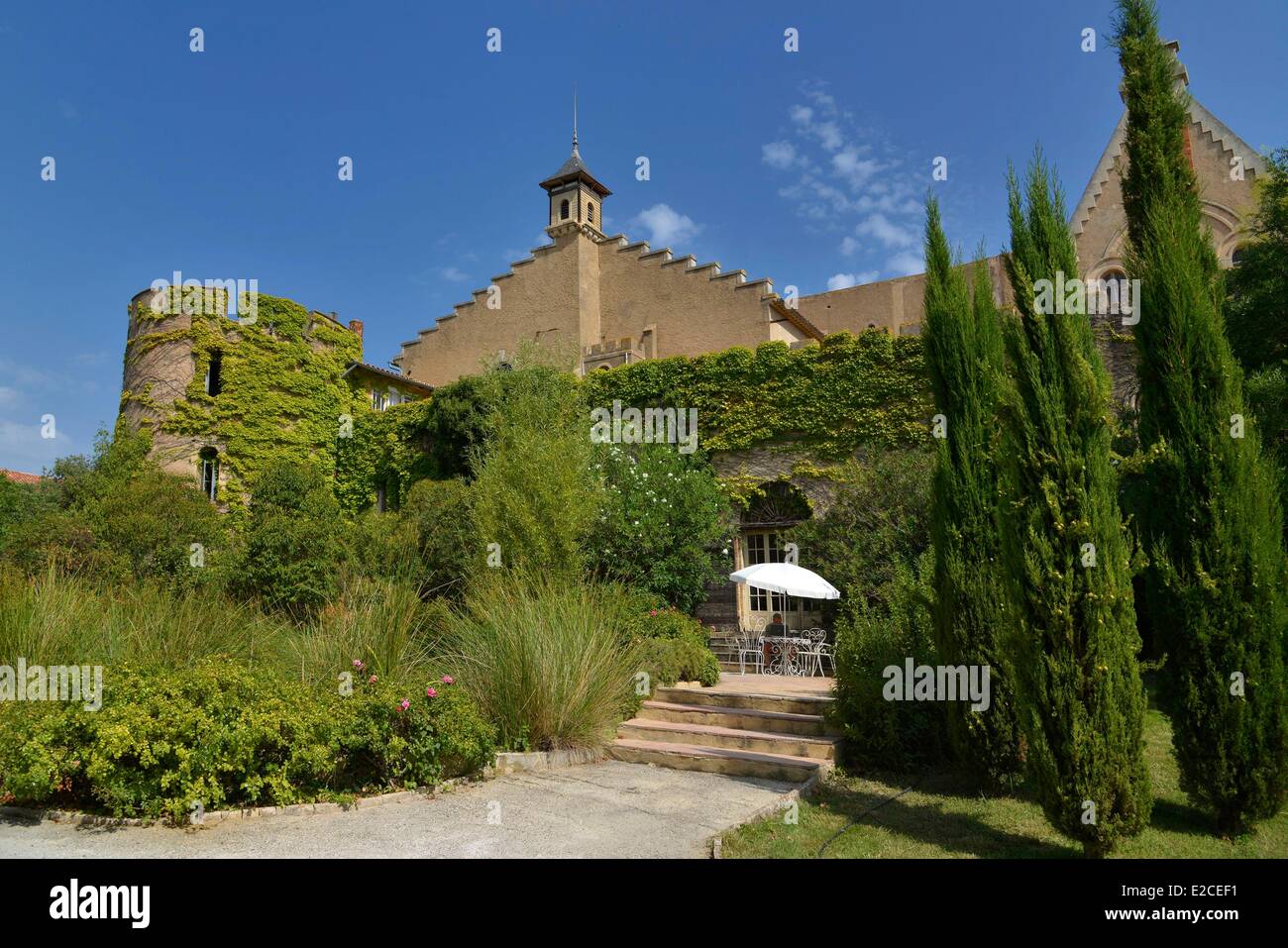 France, Herault, Servian, Chateau Hermitage de Combas, tower and facade ...