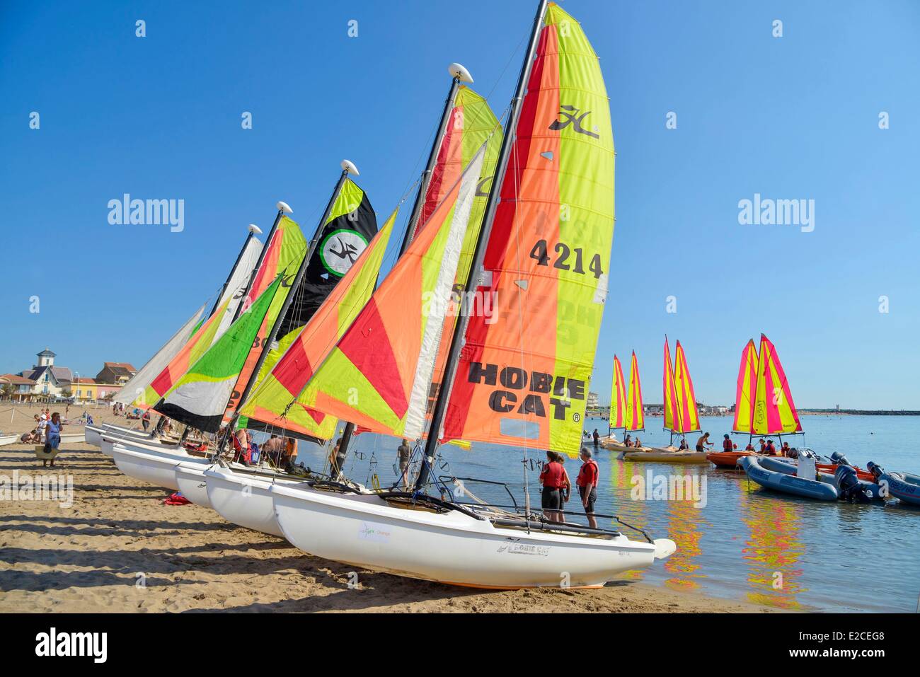 France, Herault, Valras Plage, catamarans on a beach in sea border ...