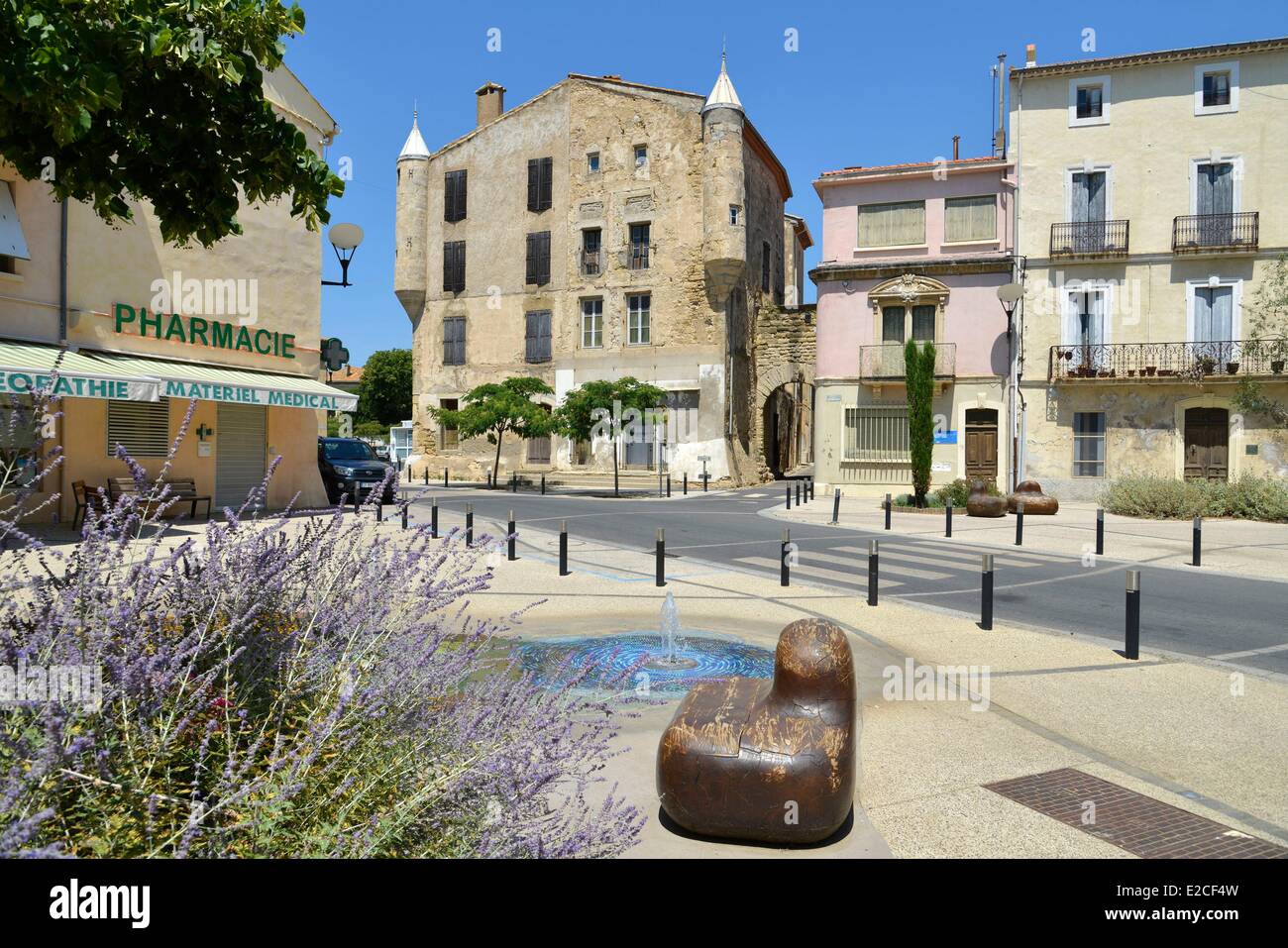 France, Herault, Bassan, Republique place, water jets surrounded with ...