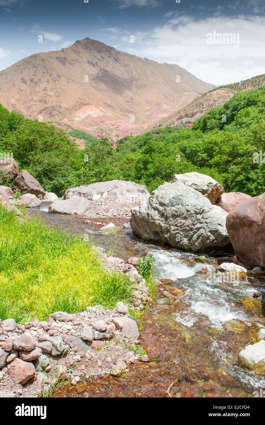 A snow-melt stream flowing down from Mt Toubkal near Imlil in the High ...