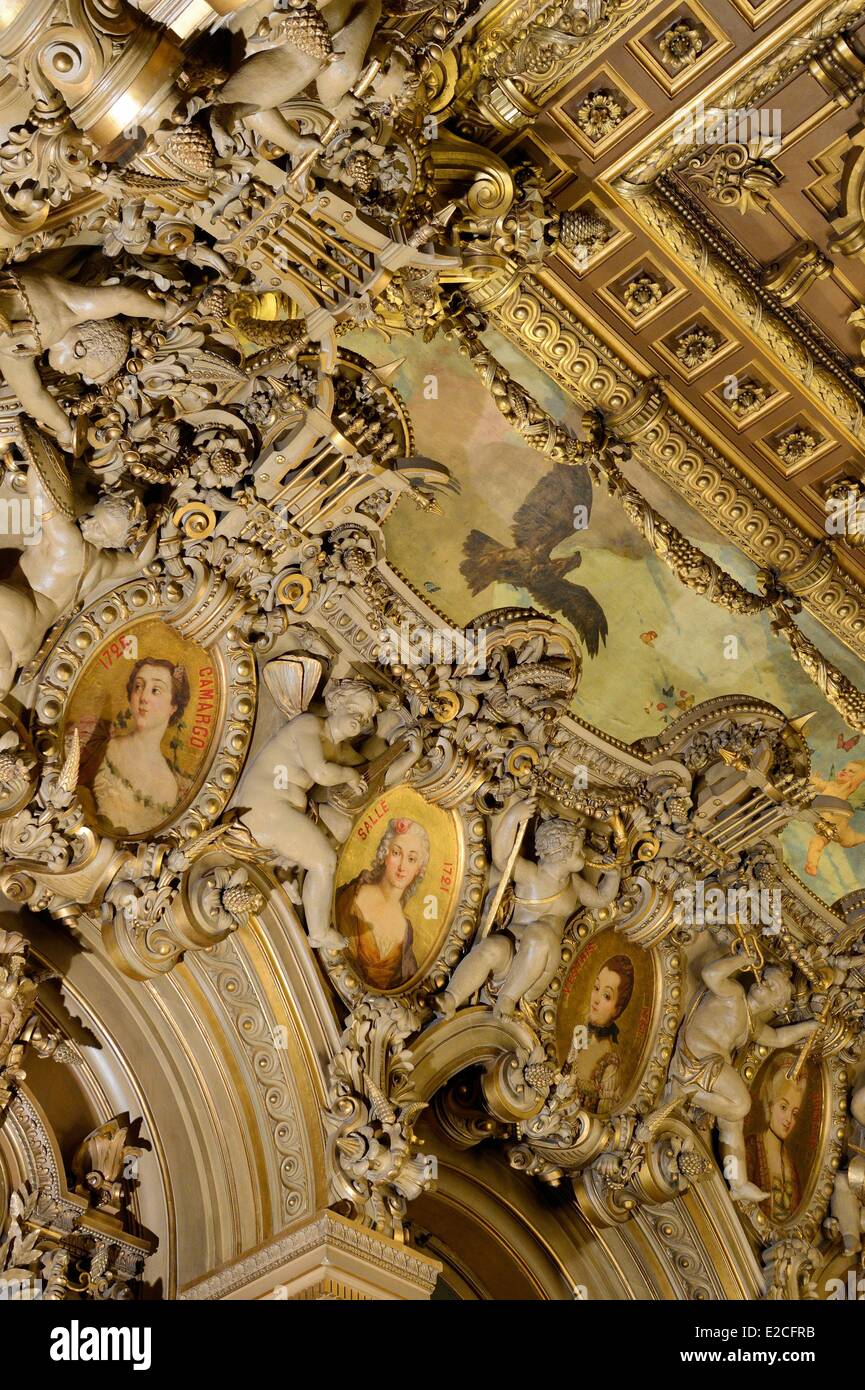 France, Paris, the Garnier Opera, detail of the ceiling and the little ...