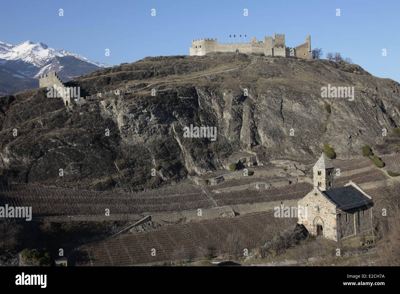 Switzerland, Canton of Valais, Sion, Tourbillon castle on top of a hill ...
