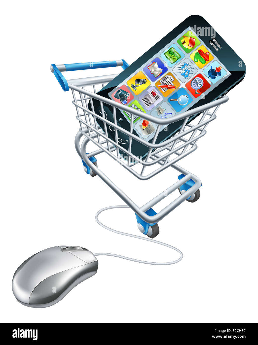 Phone mouse trolley concept of a computer mouse connected to a shopping ...