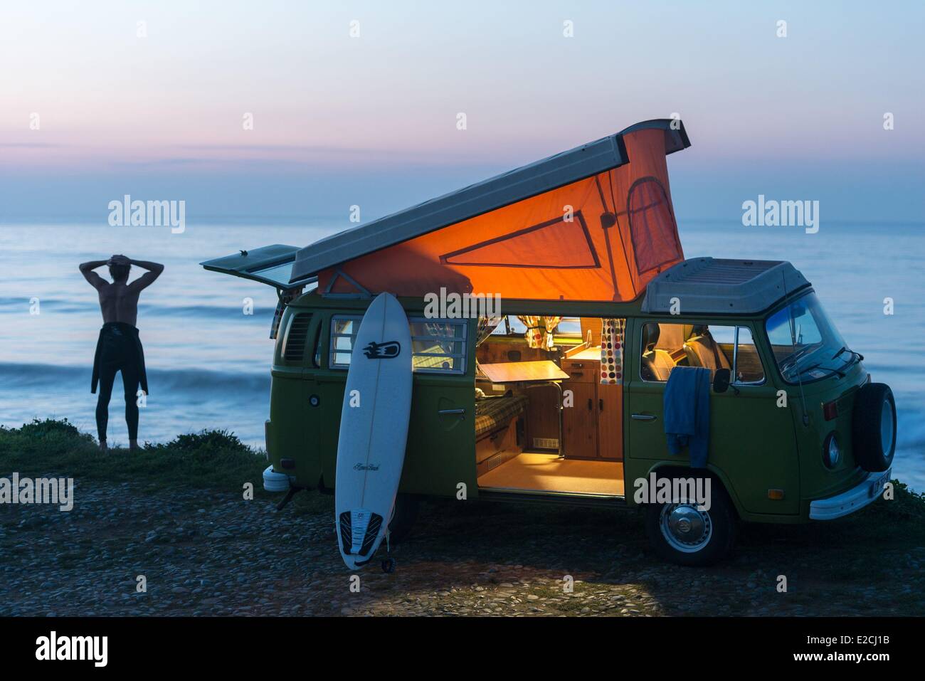 France, Cotes d'Armor, Erquy, Volkswagen combi 1976 and surfer on the ...