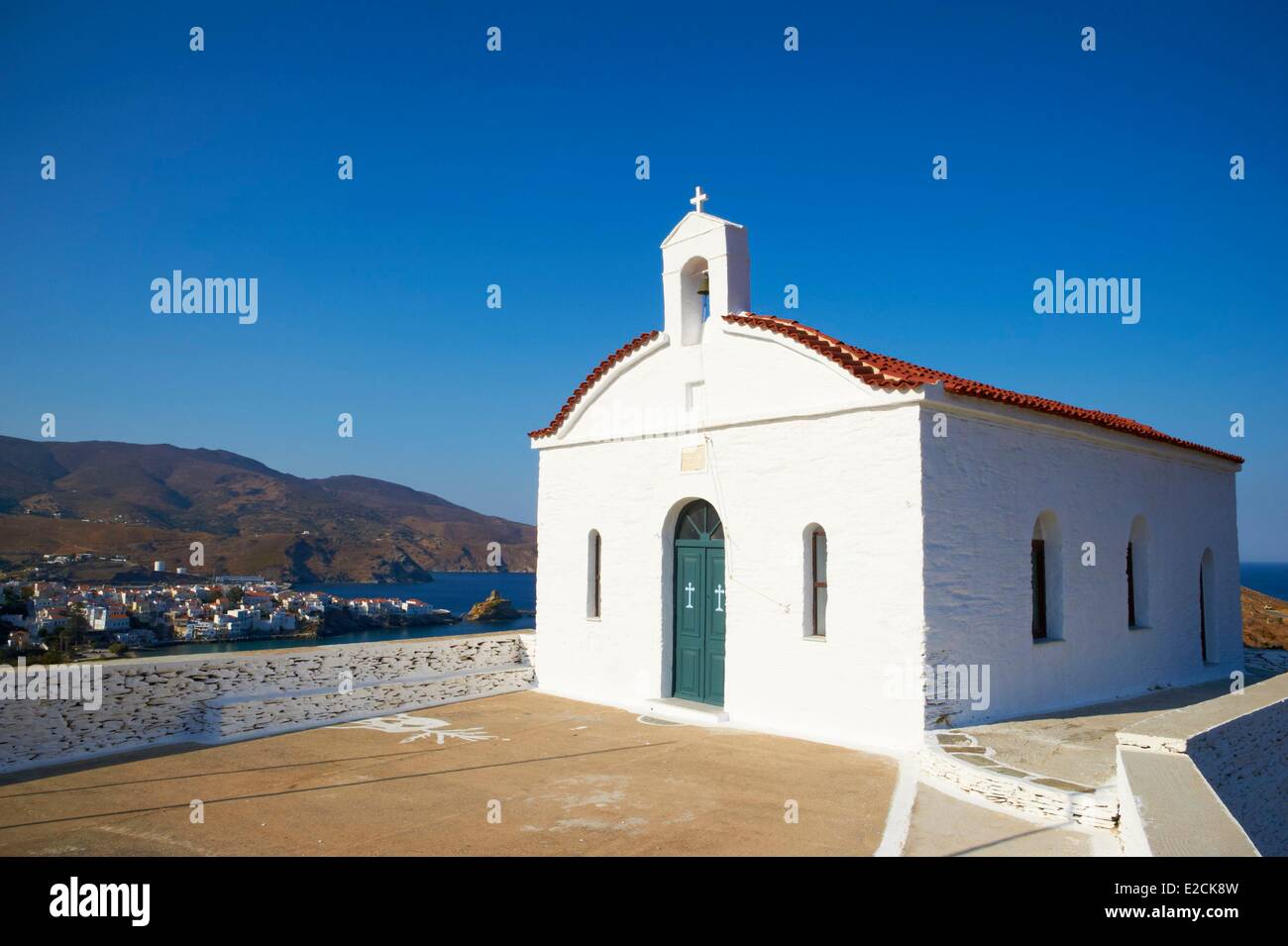 Greece Cyclades Andros island city of white chapel Stock Photo - Alamy
