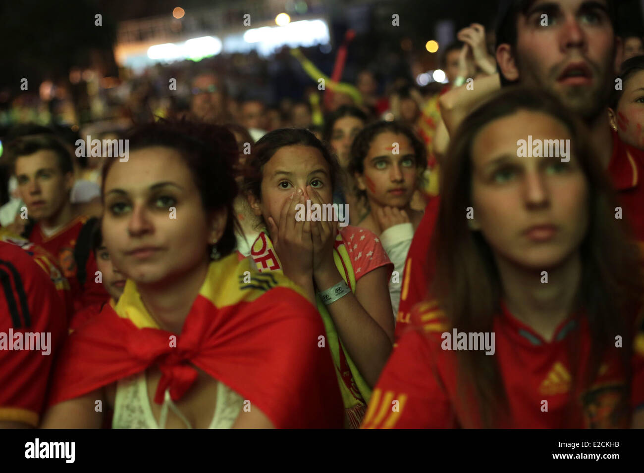 Madrid, Spain. 18th June, 2014. A Spanish soccer fan gestures while ...