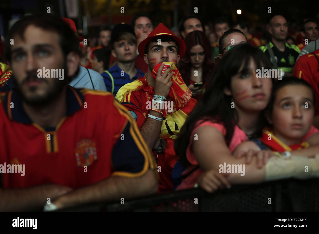 Madrid, Spain. 18th June, 2014. A Spanish soccer fan gestures while ...
