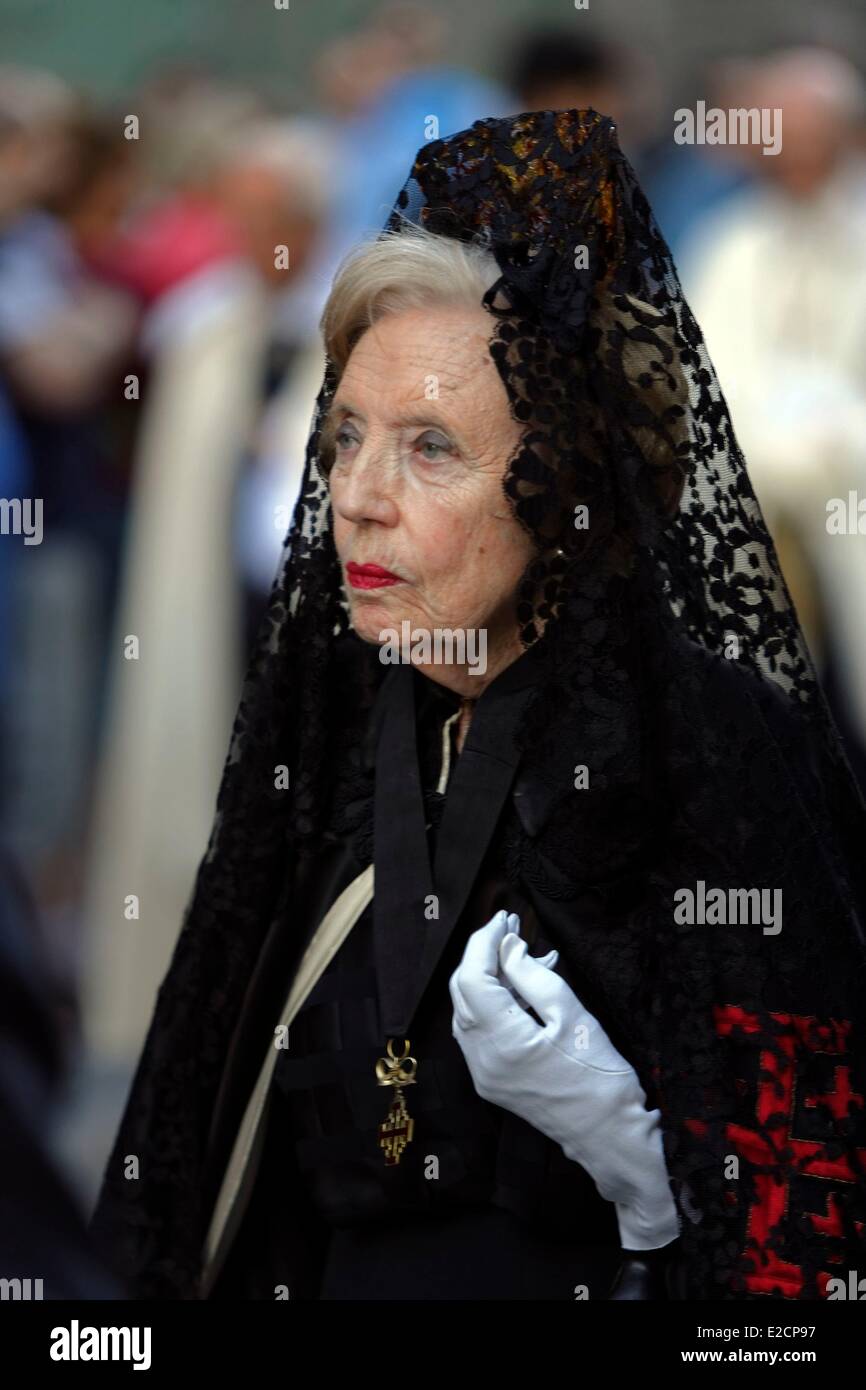 Spain Catalonia Barcelona old woman in traditional dress during the ...