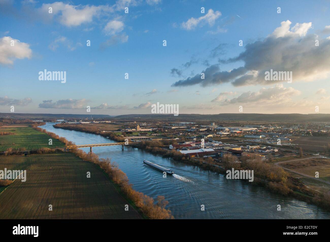 France Eure Aubevoye river barge crossing a bridge (aerial view Stock ...