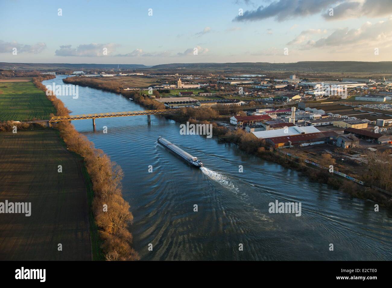 France Eure Aubevoye river barge crossing a bridge (aerial view Stock ...