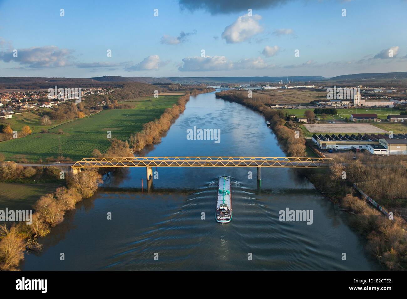 France Eure Aubevoye river barge crossing a bridge (aerial view Stock ...