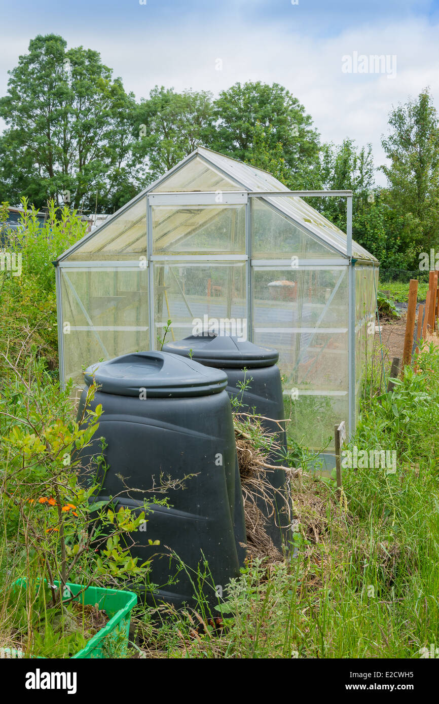 Allotment garden green house with compost bins Stock Photo - Alamy