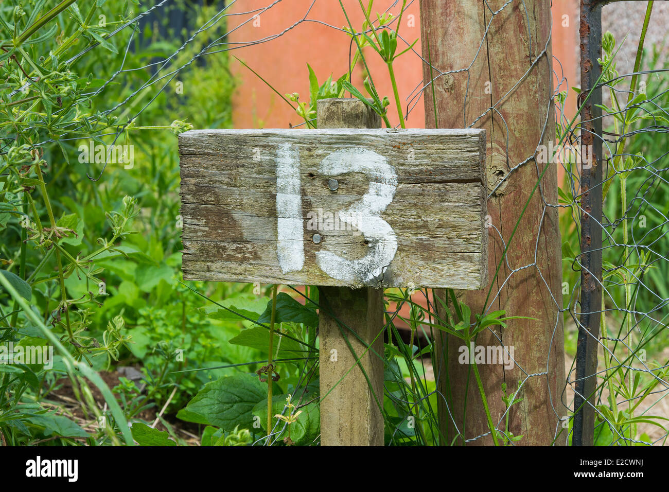 Wooden sign giving garden plot number Stock Photo - Alamy