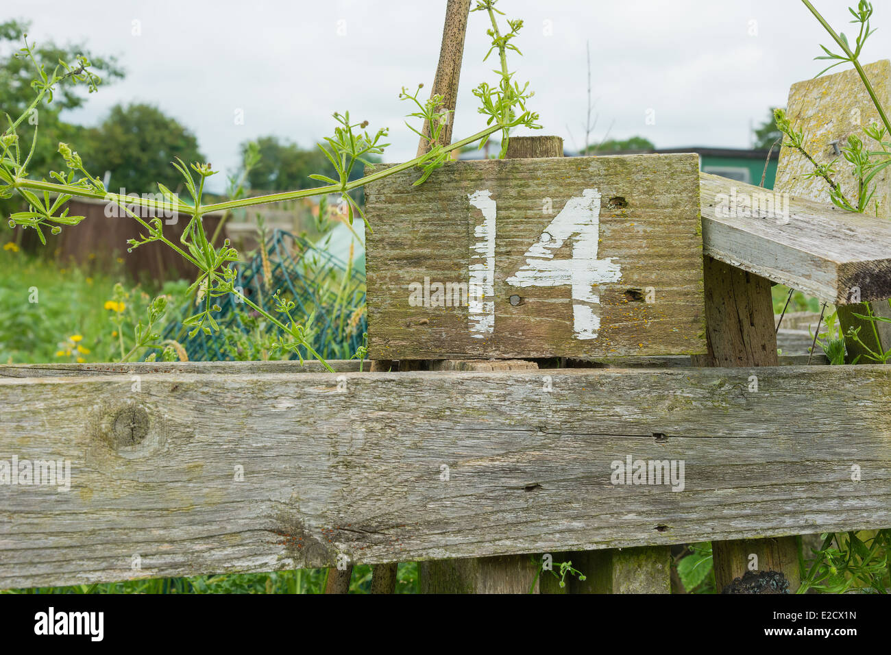 Wooden sign giving garden plot number Stock Photo - Alamy