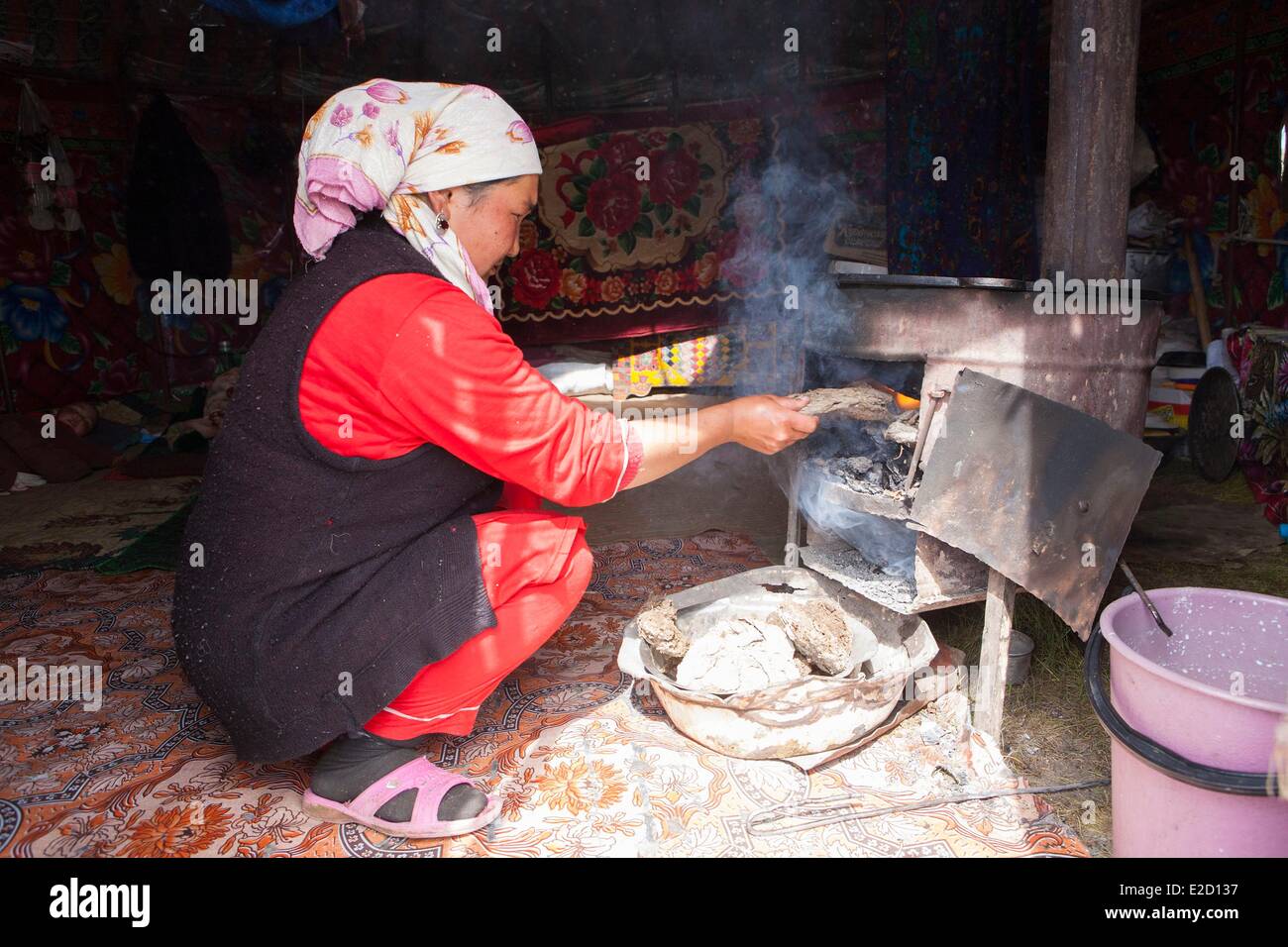 Kyrgyzstan Naryn Province Arpa valley woman warming a stove with dried ...