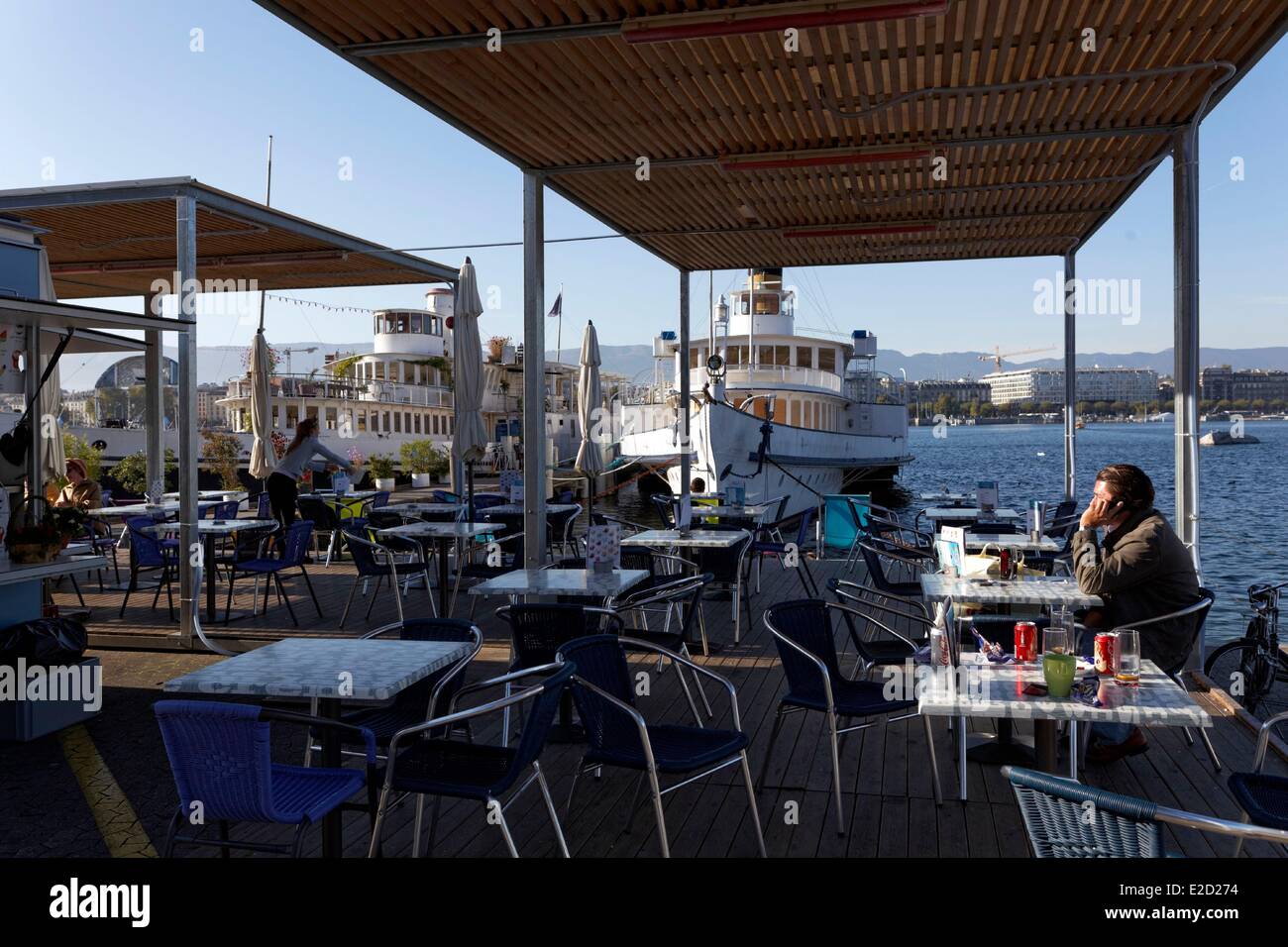 Switzerland Geneva Lake Geneva English Garden floating terrace bar ...