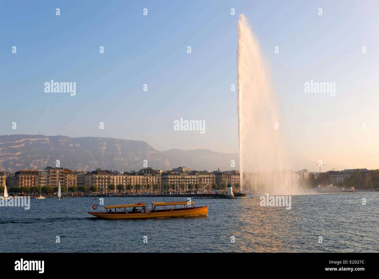 Switzerland Geneva Lake Geneva fountain and Eaux-Vives pier Stock Photo ...