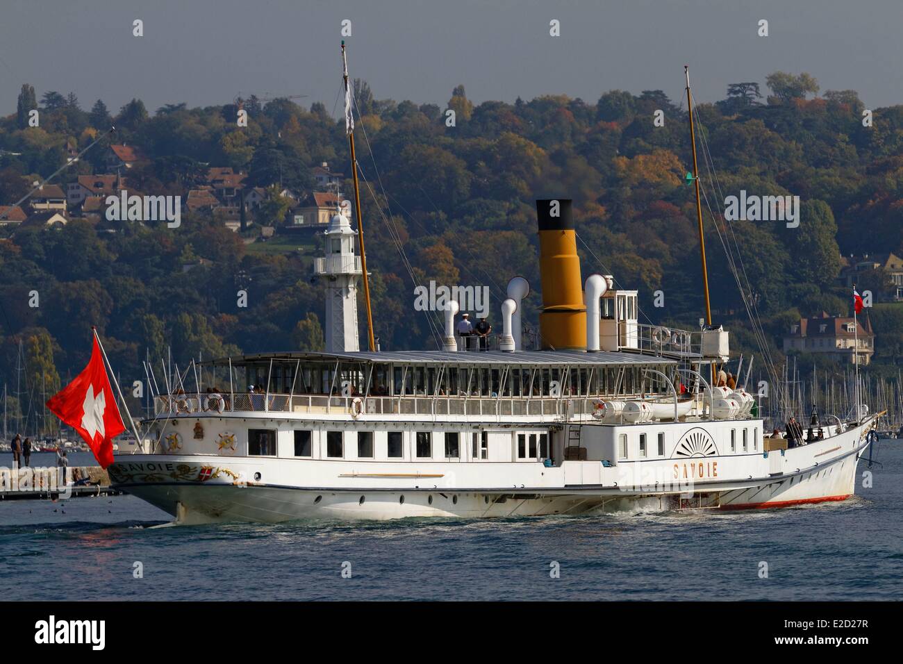 Switzerland Geneva Lake Geneva steamer boat transporting passengers ...