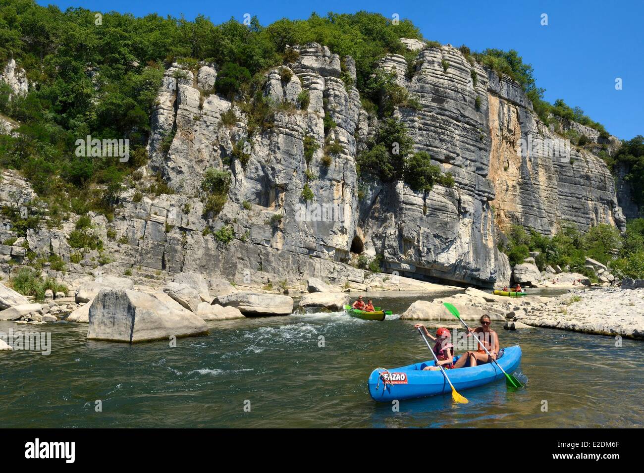 France Ardeche Ruoms kayaks going down the Ardeche River in the Ruoms ...
