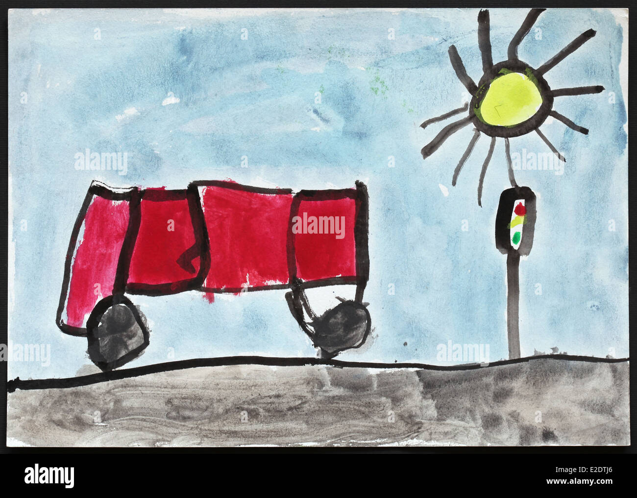 Original child's drawing of a red bus and traffic lights drawn by a ...
