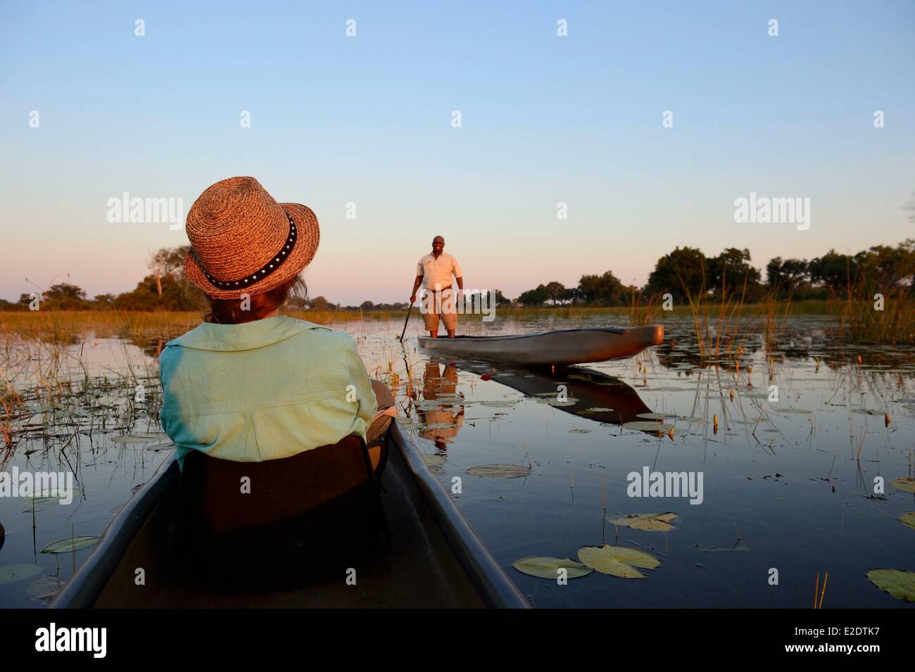 Botswana Northwest District Okavango Delta crossing the marsh by mokoro ...