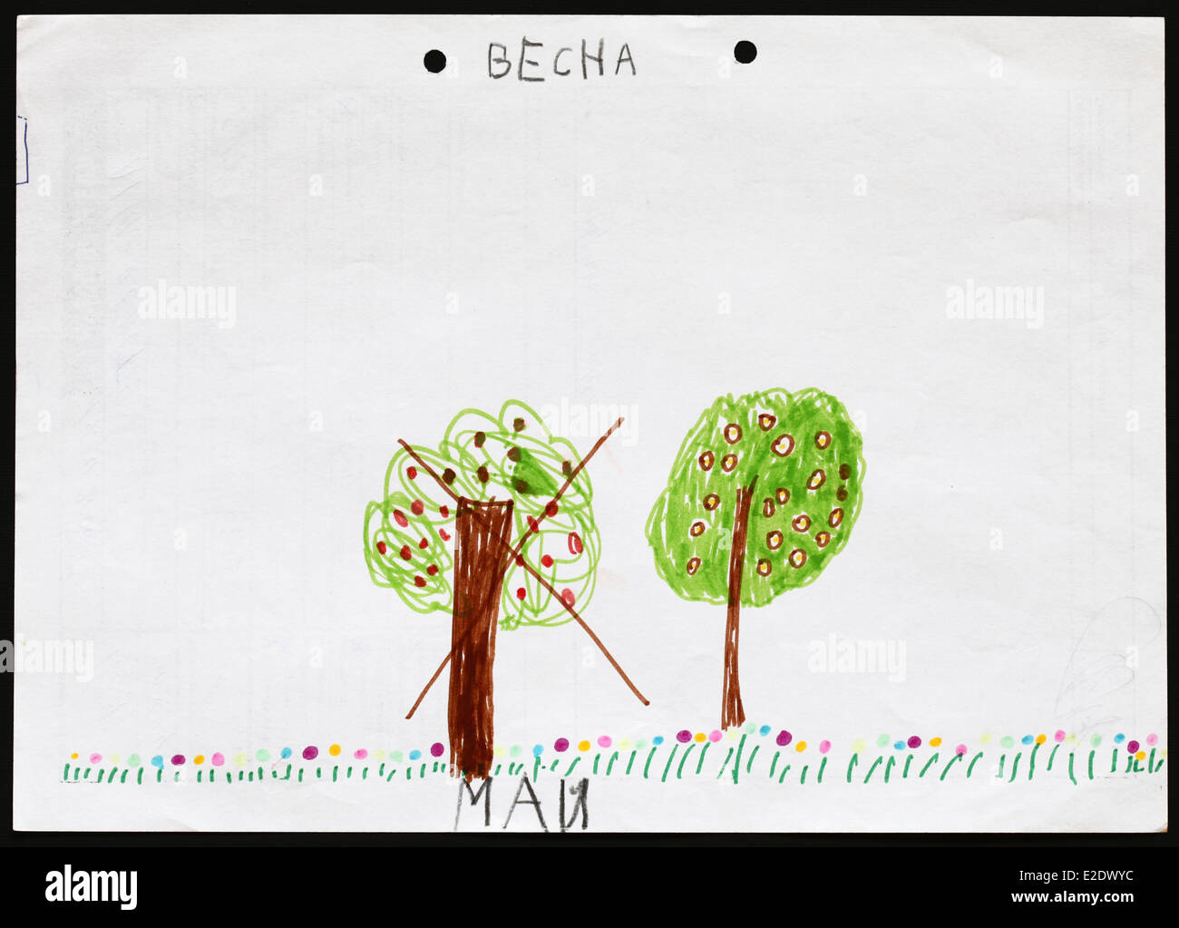 May. Spring. The Twelve Months. Original child's drawing of a tree in ...