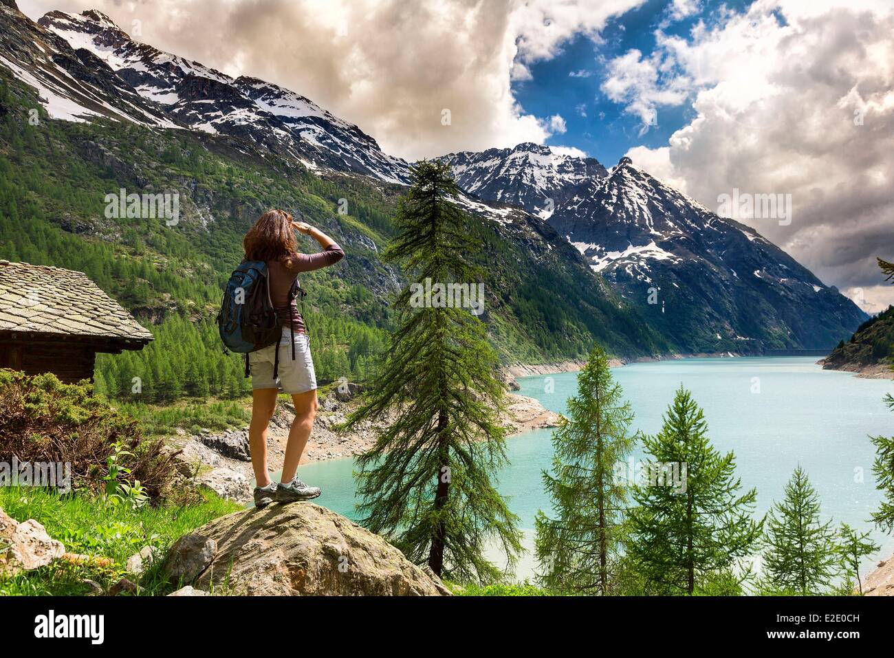 Italy Val d'Aoste Valpelline Valley Walking at the place Moulin Lake ...