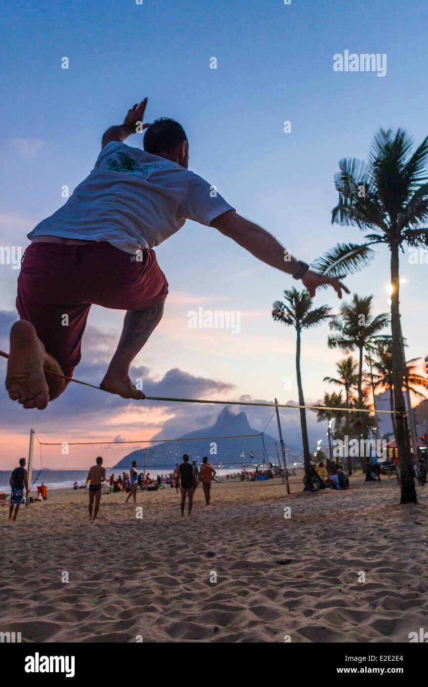 Brazil Rio do Janeiro Ipanema district Slackline slack (the goal is to ...
