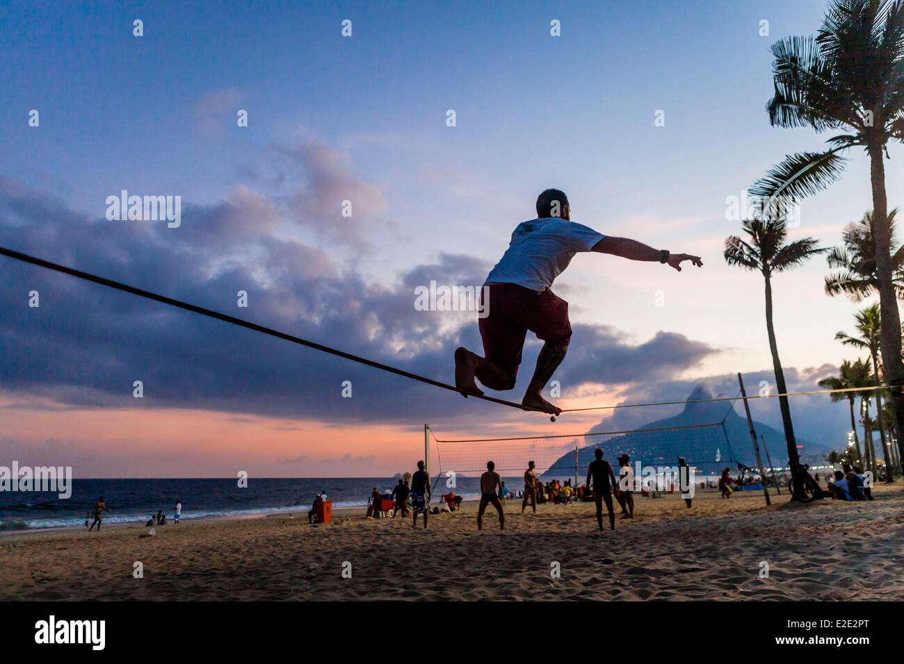 Brazil Rio do Janeiro Ipanema district Slackline slack (the goal is to ...