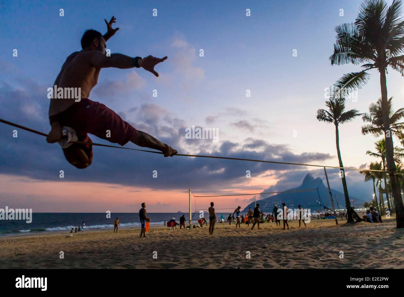 Brazil Rio do Janeiro Ipanema district Slackline slack (the goal is to ...
