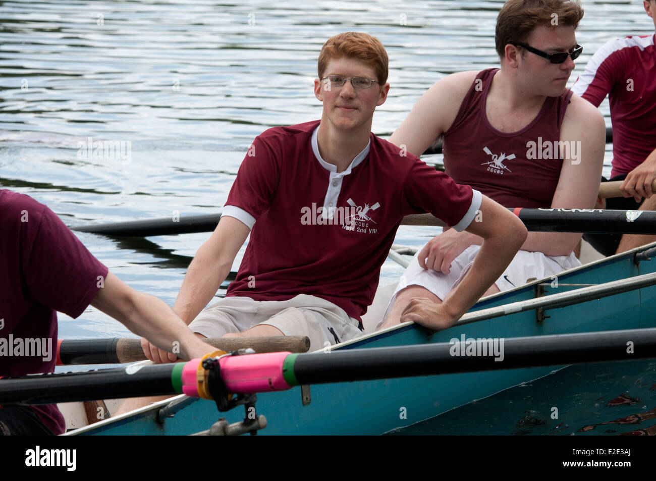 Cambridge May Bumps, a Corpus Christi men`s eight before a race Stock ...