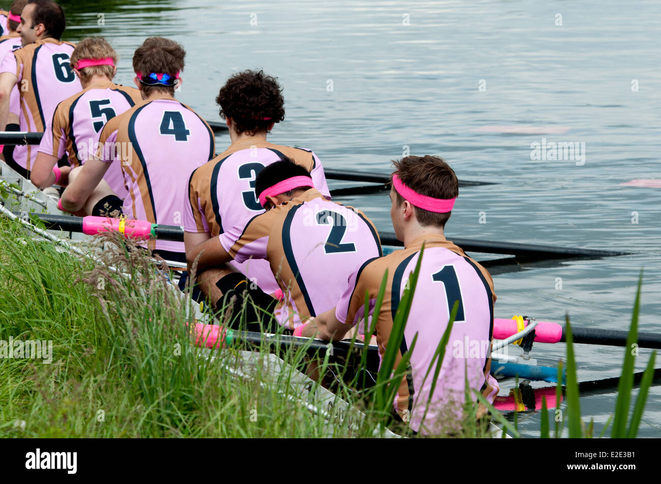 Cambridge May Bumps, a Churchill College men`s eight before a race ...
