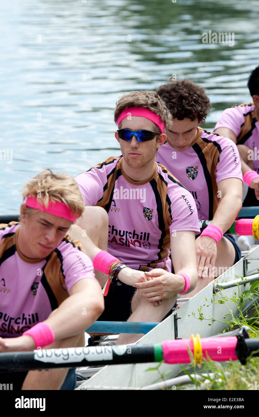 Cambridge May Bumps, a Churchill College men`s eight before a race ...