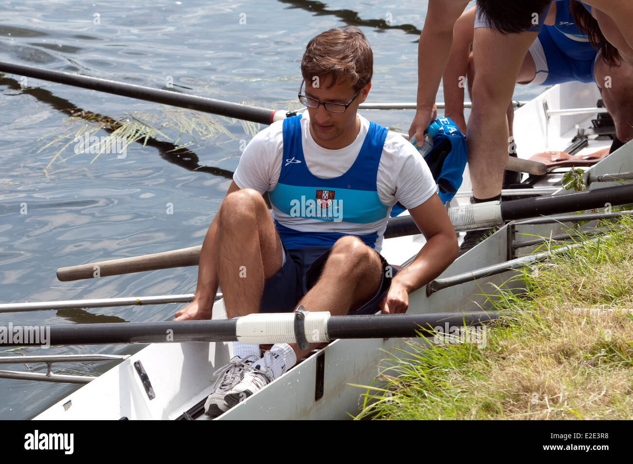 Cambridge May Bumps, a Hughes Hall men`s eight before a race Stock ...