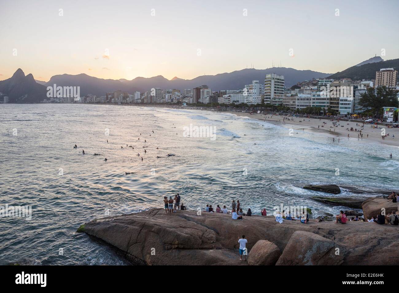 Brazil, Rio de Janeiro, Arpoador Point at sunset and Ipanema beach ...