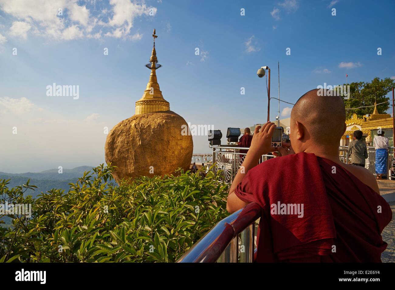 Myanmar (Burma), Mon State, Kyaiktiyo Golden rock, monks in pilgrim ...