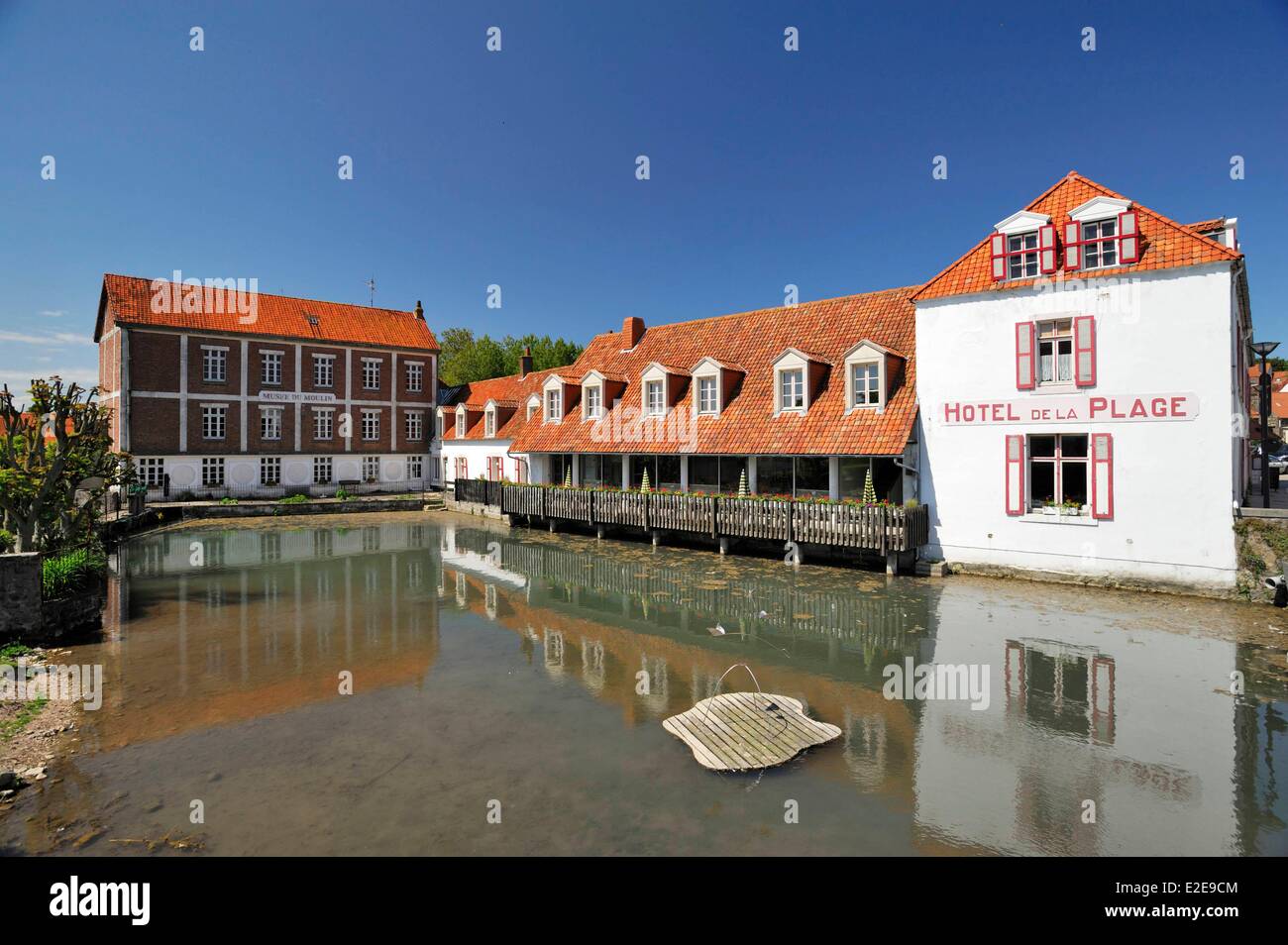 France, Pas de Calais, Wissant, hotel de la Plage and Moulin museum ...