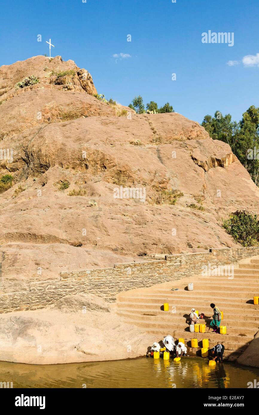 Ethiopia, Tigray region, Axoum, women filling water containers at queen ...