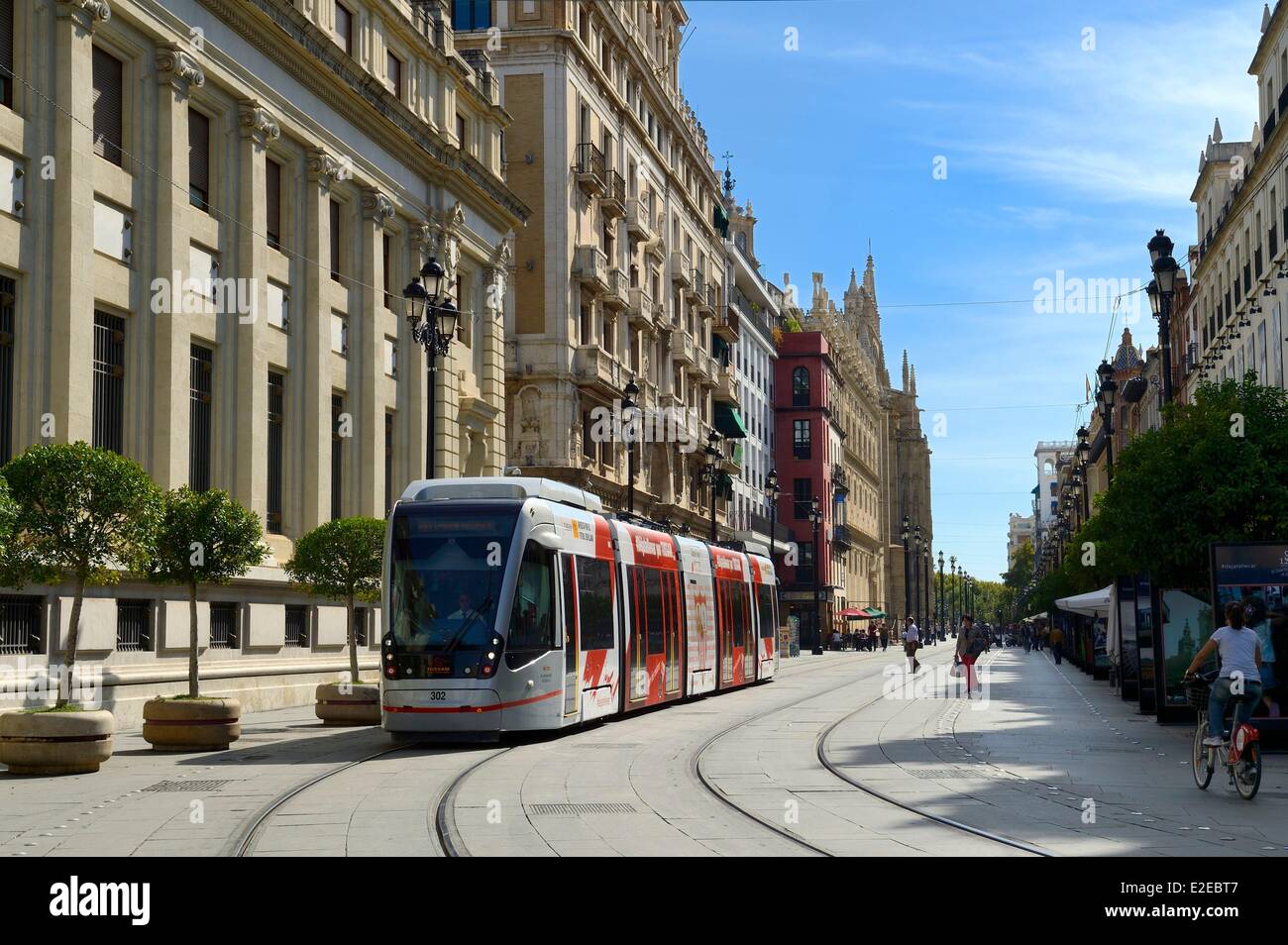 Spain, Andalusia, Seville, tramway on the avenida de la Constitucion ...