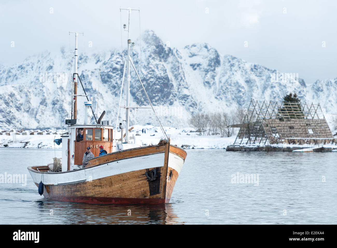 Norway, Nordland, Lofoten islands, fishing boat in the harbour of ...