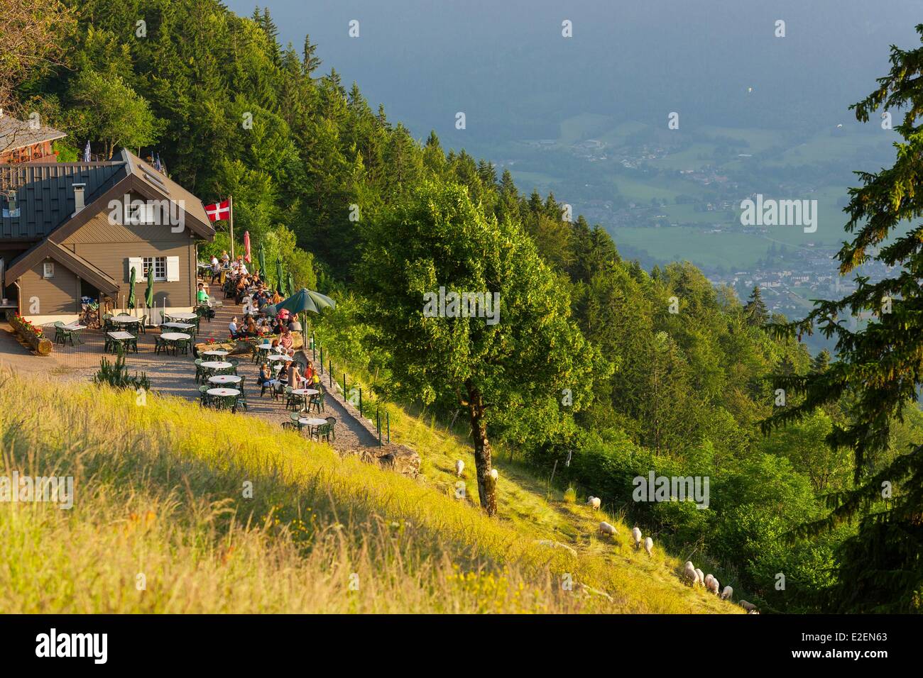 France, Haute-Savoie, Le Chalet La Pricaz restaurant at La Forclaz pass ...