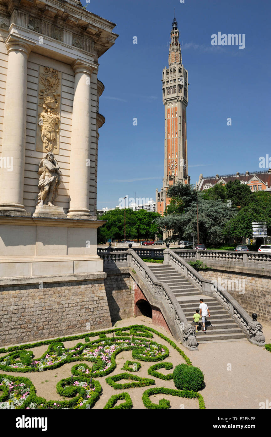 France, Nord, Lille, Porte de Pariswith in the background the belfry of ...