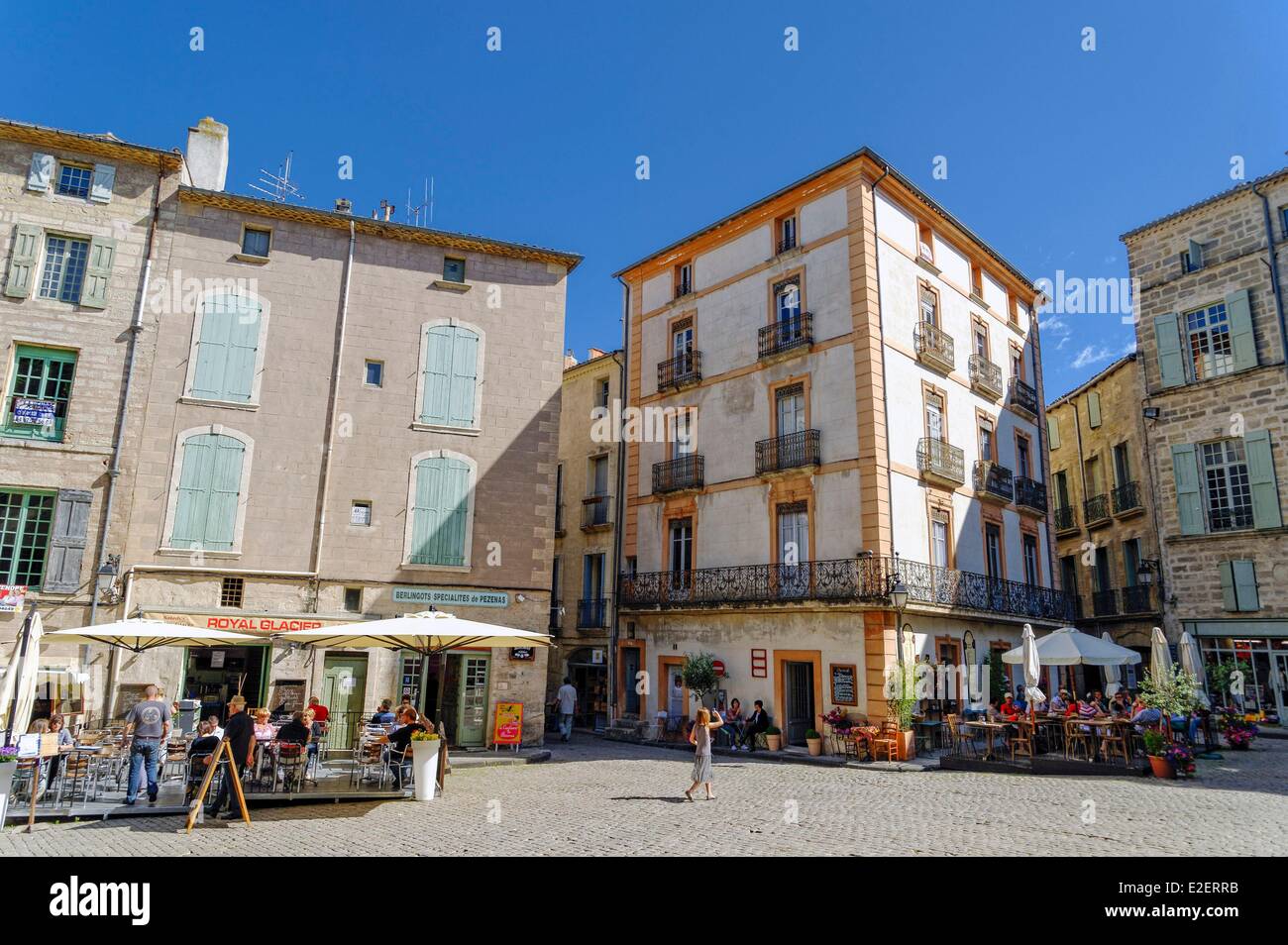 France, Herault, Pezenas, Place Gambetta, cafe terrace overlooking a ...