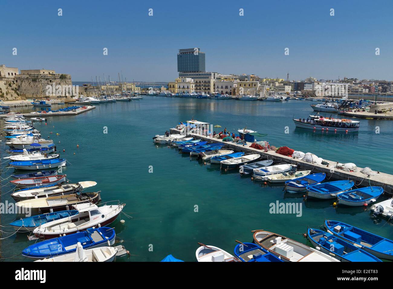 Italy, Puglia, Lecce province, Gallipoli, fishing port, blue boats ...