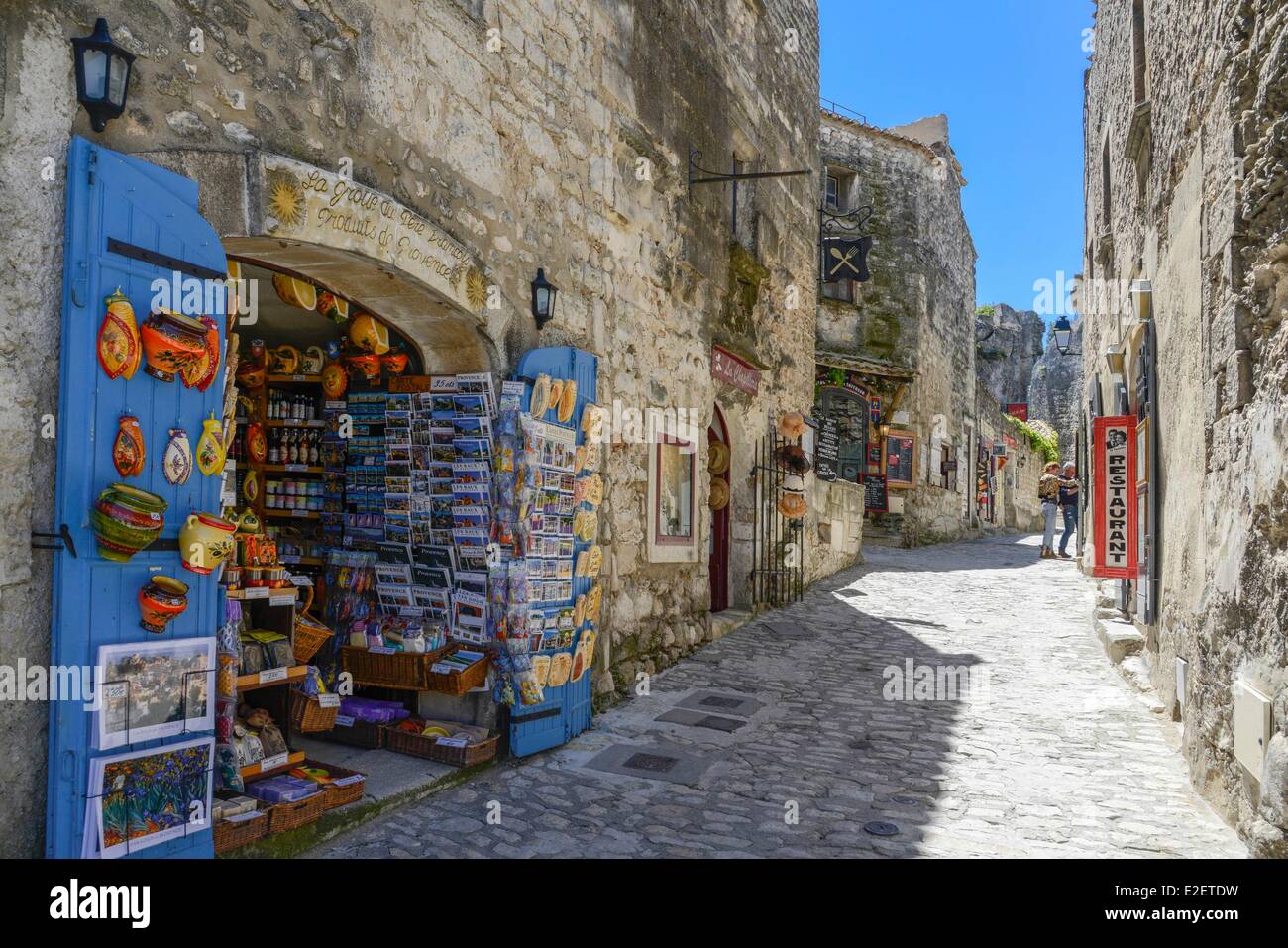 France Bouches du Rhone Les Baux de Provence paved alley lined with ...