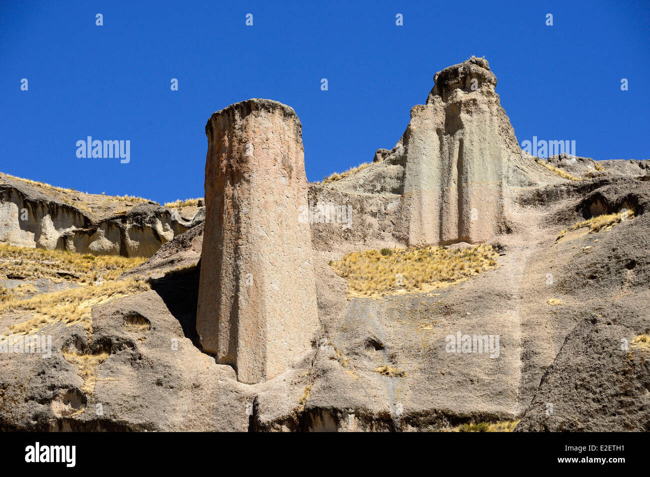 Peru, Arequipa province, Callali, rock formations dominating the river ...