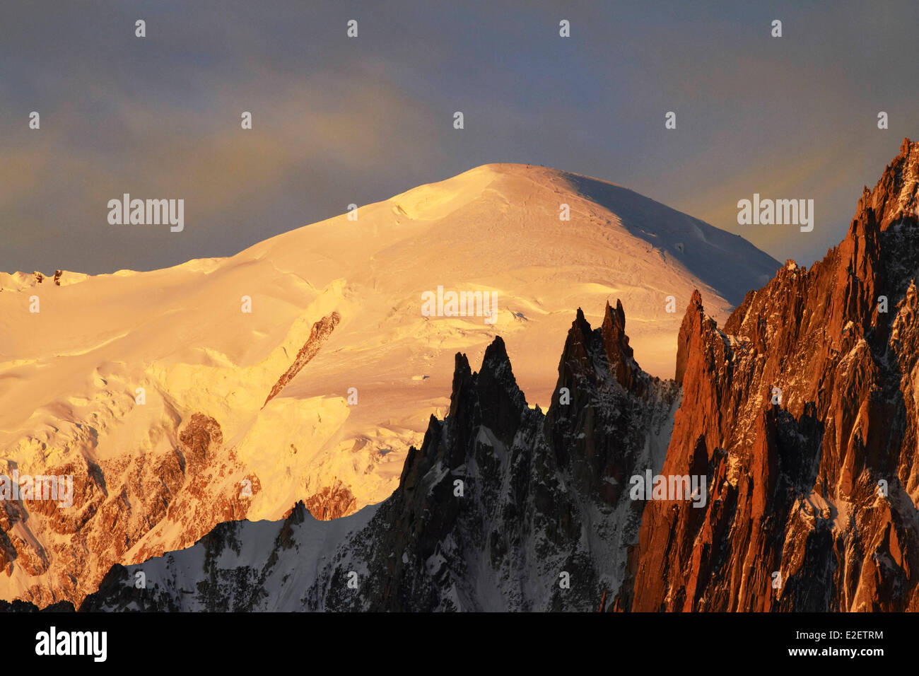 France, Haute Savoie, Chamonix Mont Blanc, Mont Blanc (4810m) at sunset ...