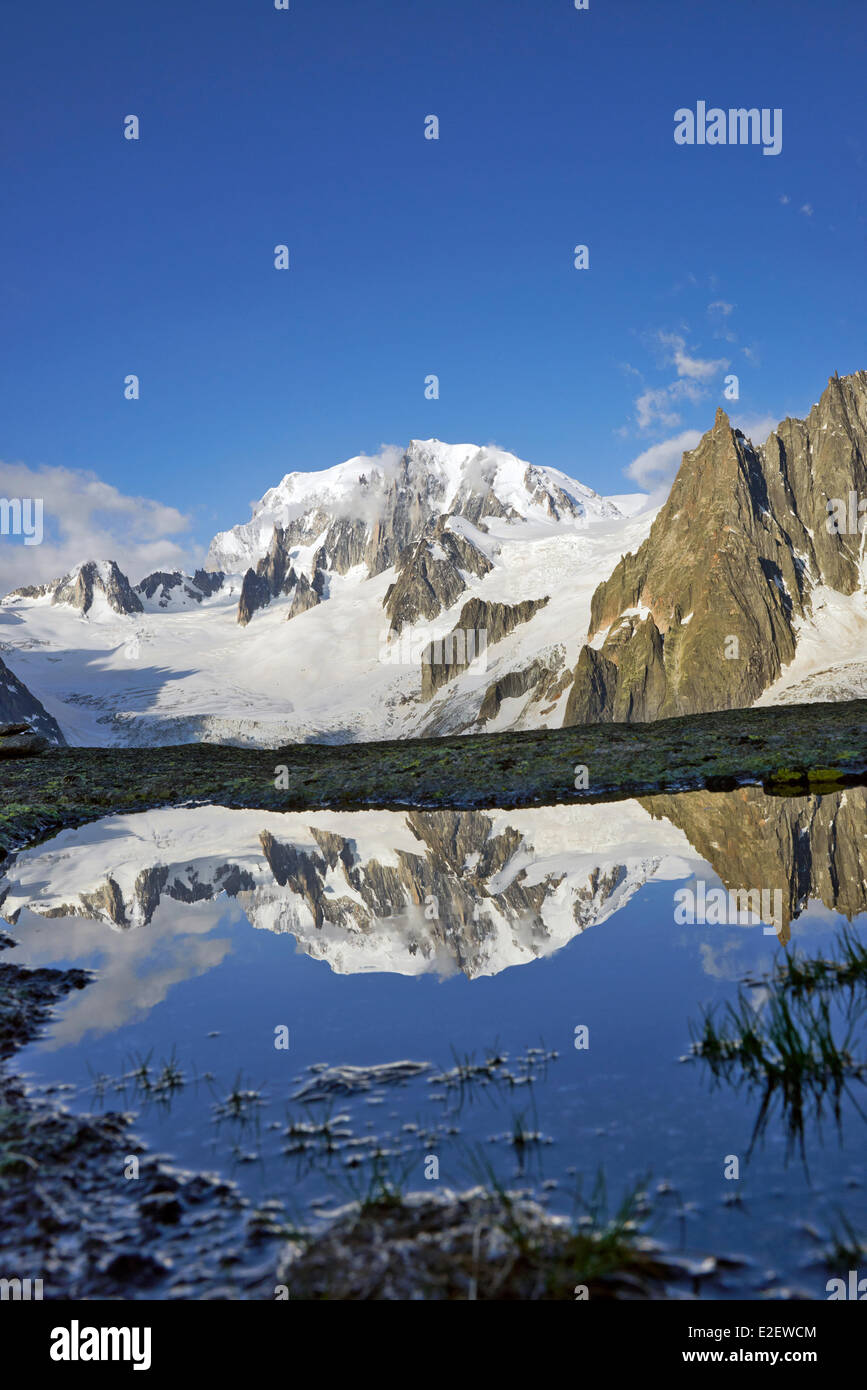 France, Haute Savoie, Chamonix Mont Blanc, Mont Blanc (4810m) at sunset ...