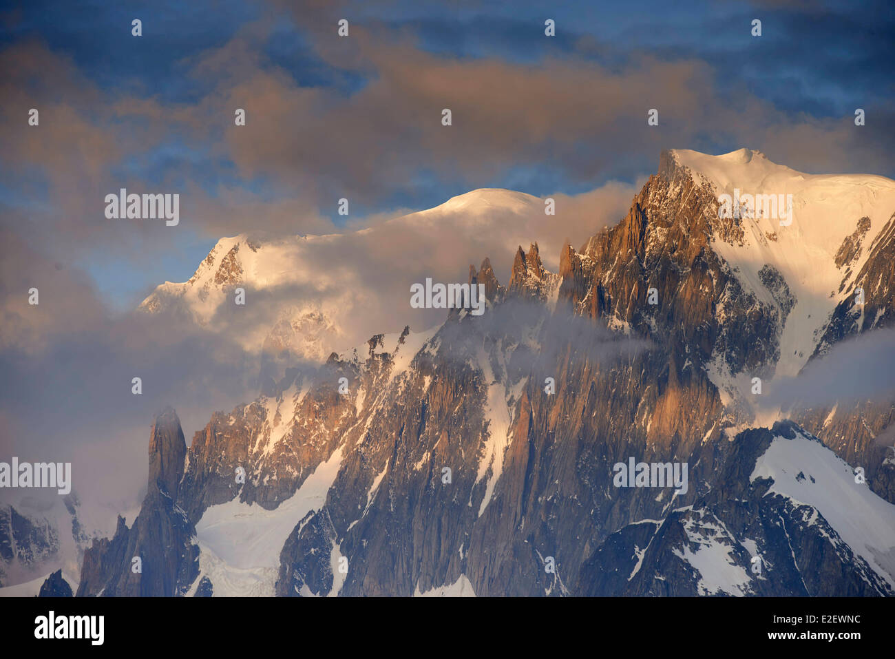 France, Haute Savoie, Chamonix, Mont Blanc (4810m) at sunset, Mont ...